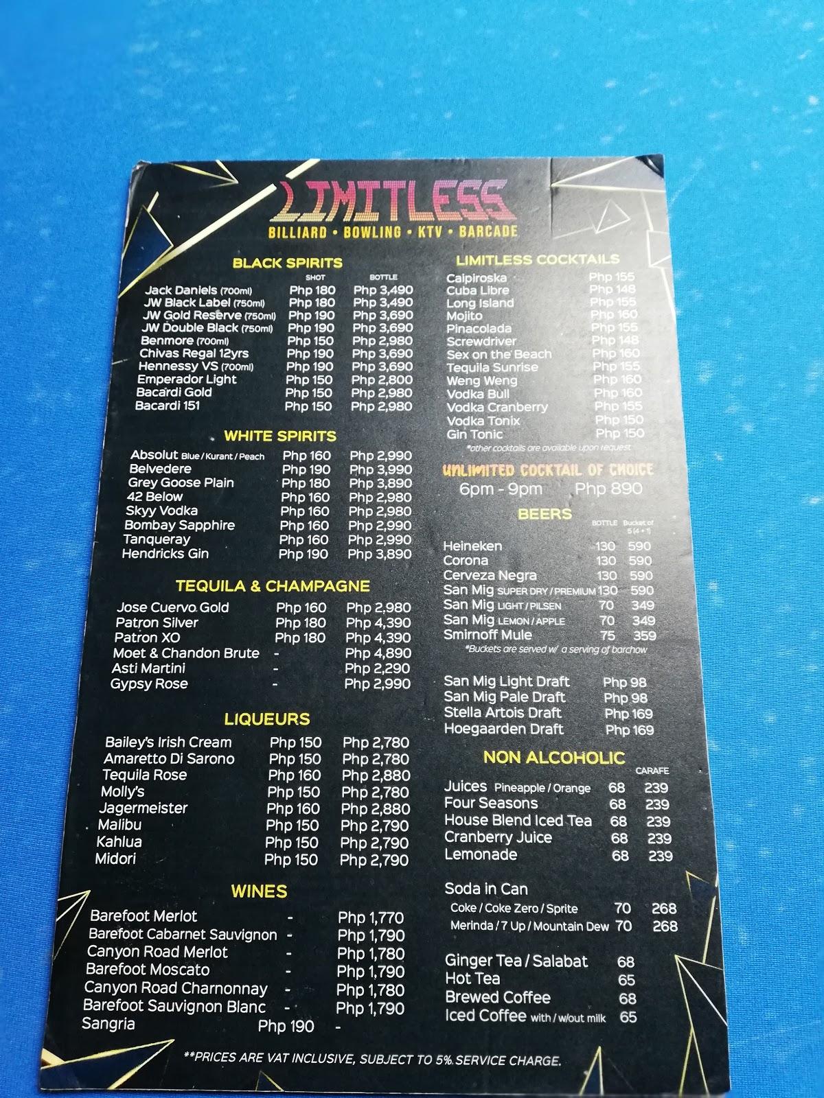 Menu at Limitless Barcade, Pasay