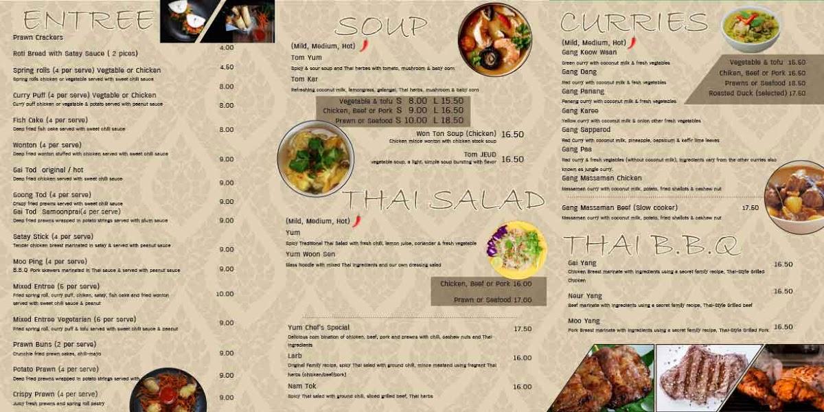 Menu at Thai Chef restaurant, Lara