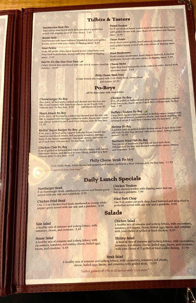 Menu at Toups' Kajun Kitchen restaurant, Leesville