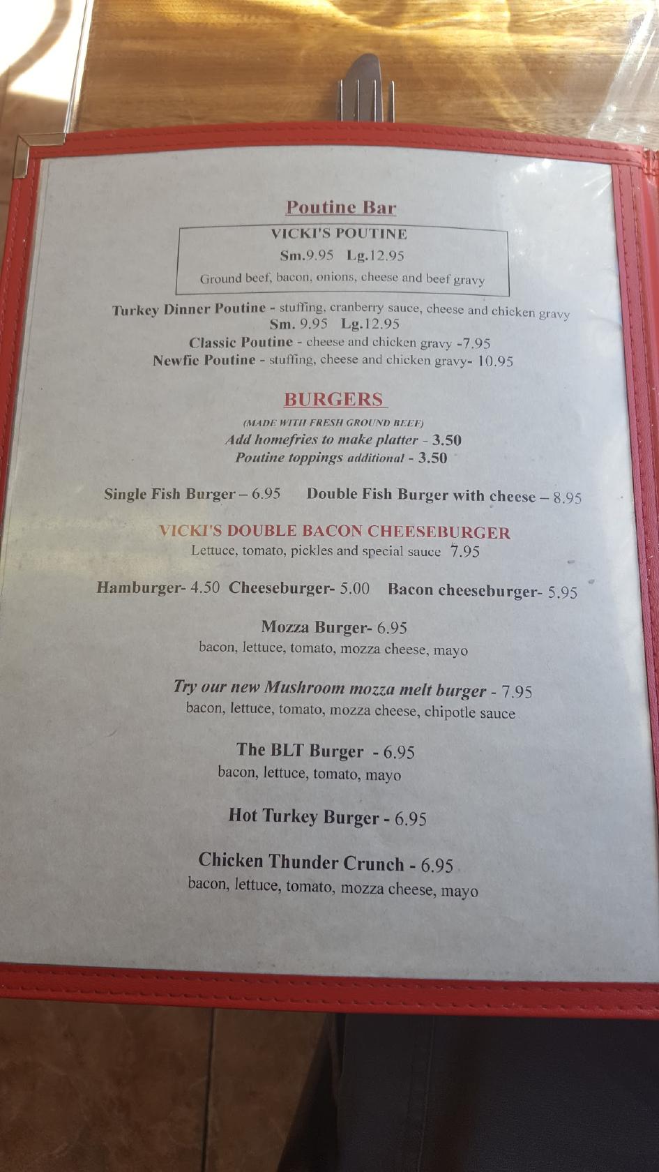 Menu at Vicki's restaurant, Coldbrook, Nova Scotia Trunk 1