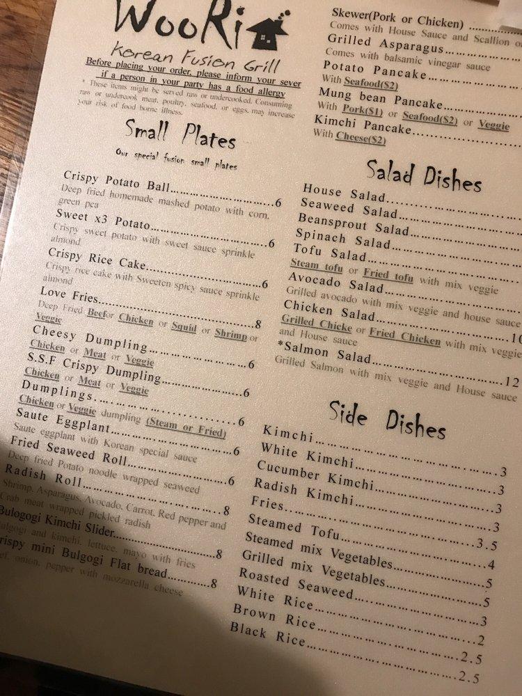 Menu at WooRi Korean Fusion Grill restaurant, Arlington