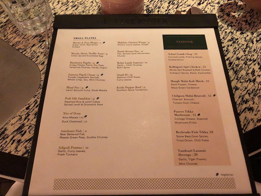 Menu at Bombay Bustle restaurant, London