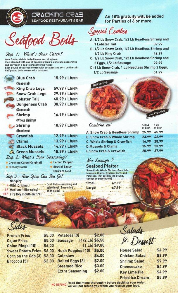 Menu at Cracking Crab restaurant, Pensacola
