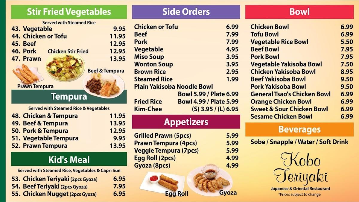 Menu at Kobo Teriyaki restaurant, Chehalis