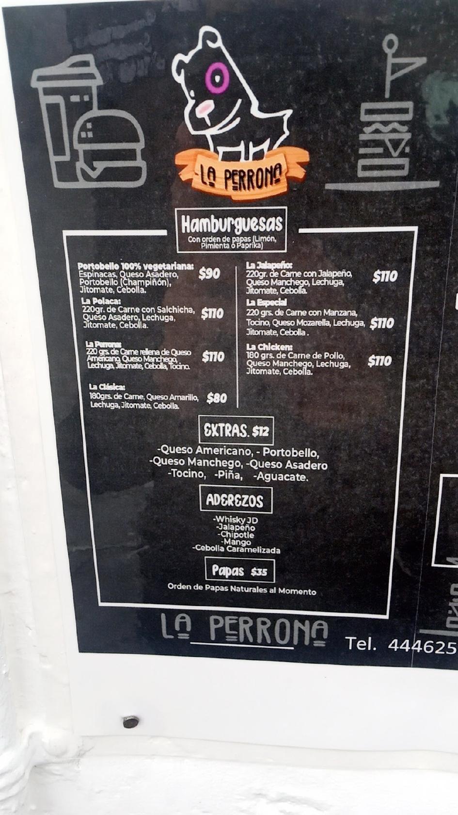 Menu at La Perrona Hamburguesas y Jugos restaurant, San Luis Potosi