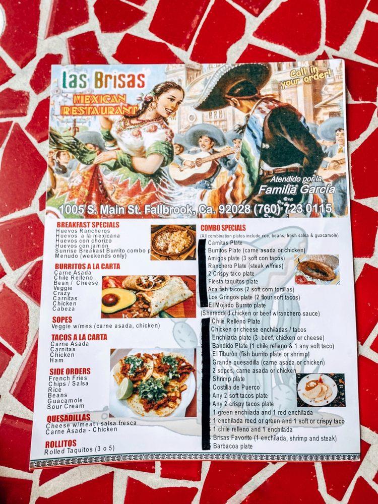 Menu at Las Brisas Taqueria restaurant, Fallbrook