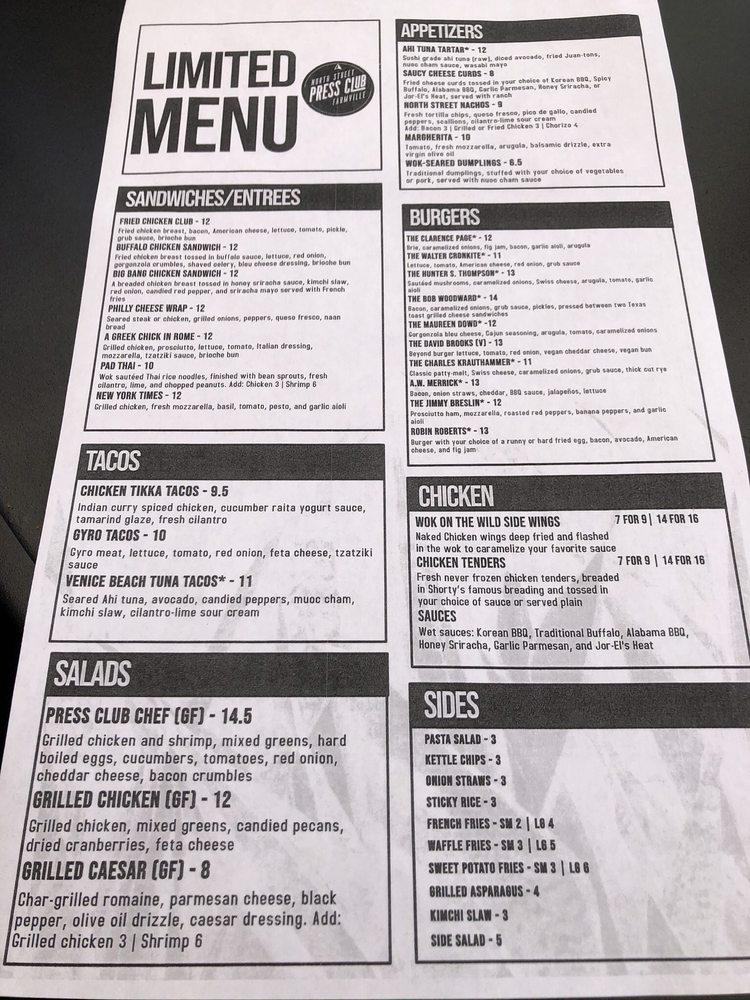 Menu at North Street Press Club, Farmville