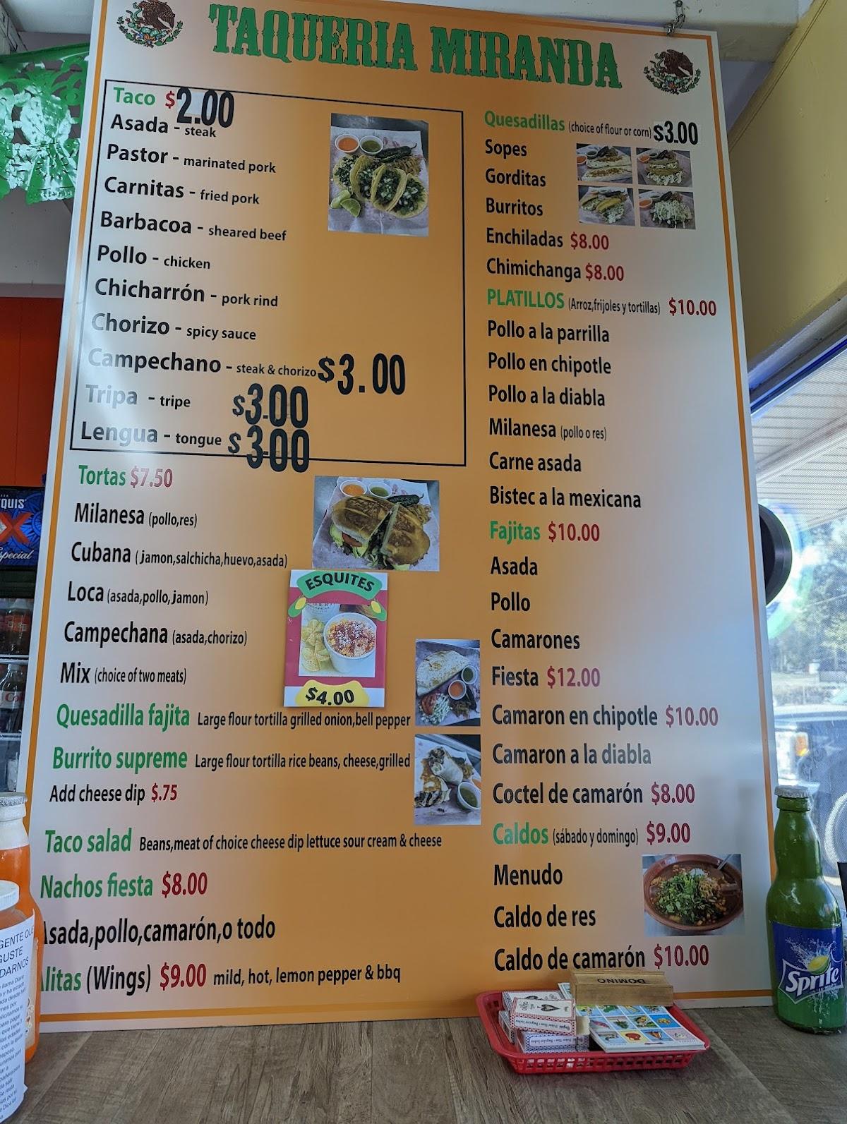 Menu at Taqueria Miranda (Tallahassee) restaurant, Tallahassee