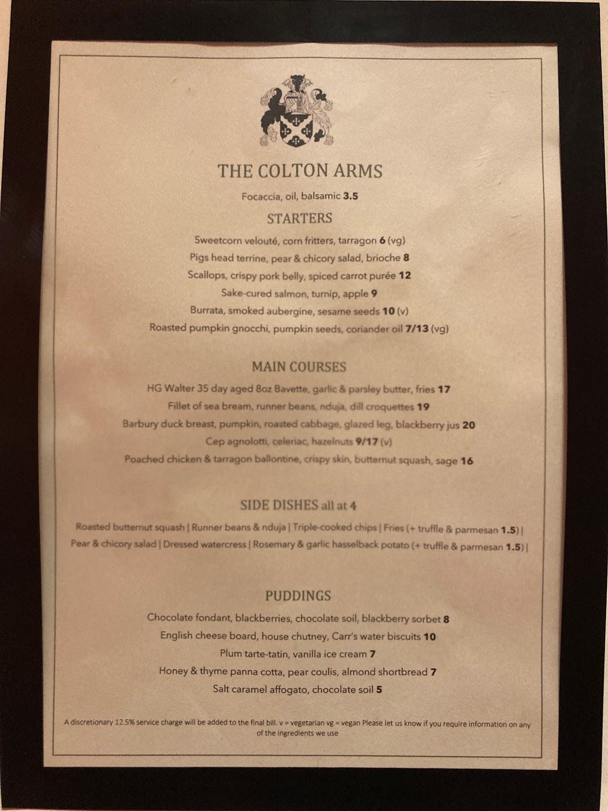 Menu at The Colton Arms pub & bar, London