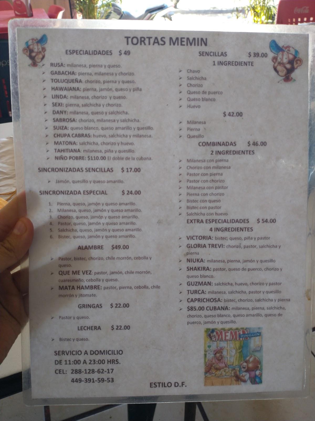 Carta del restaurante Tortas Memin, Aguascalientes