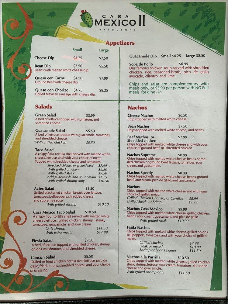 Menu at Casa Mexico II restaurant, Warner Robins