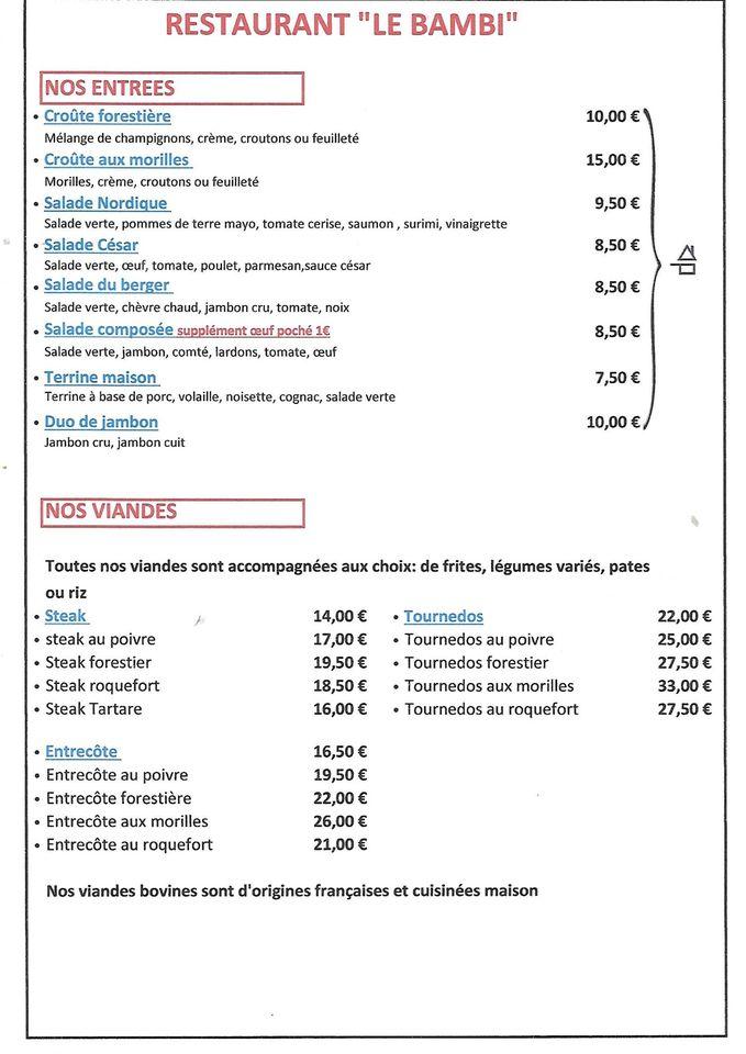 Menu au Hôtel Restaurant Le Bambi, Baume-les-Dames