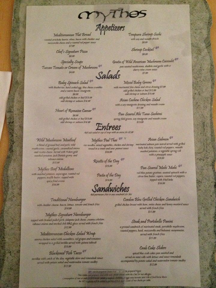 Menu at Mythos Restaurant, Orlando