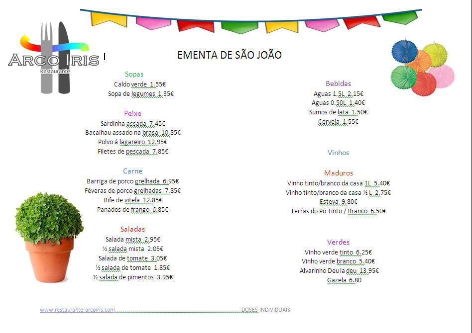 Menu at Restaurante Arco Iris, Vila Nova de Gaia, R. Cândido dos Reis 65