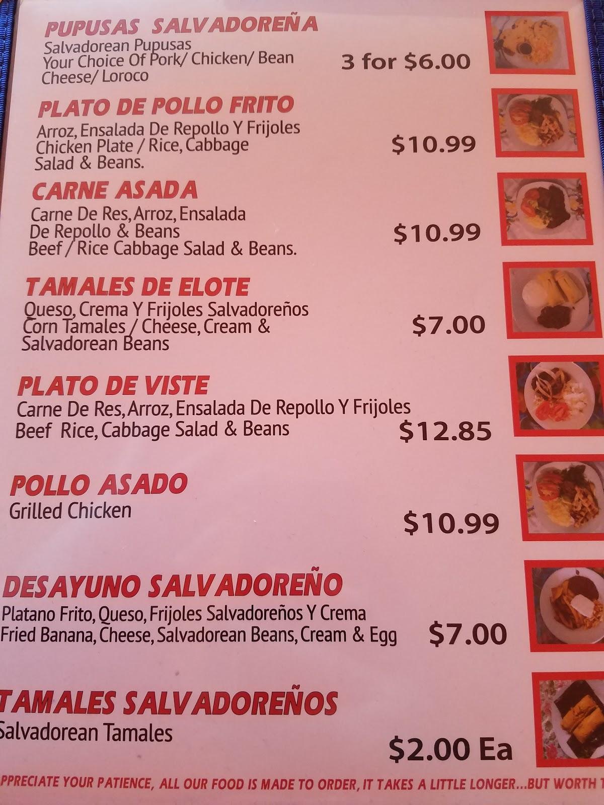 Menu at Salvadorean Pupusas restaurant, East Wenatchee