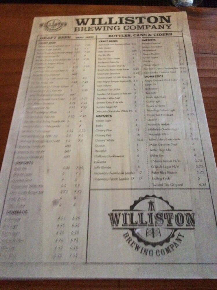 Menu at Williston Brewing Company steakhouse, Williston