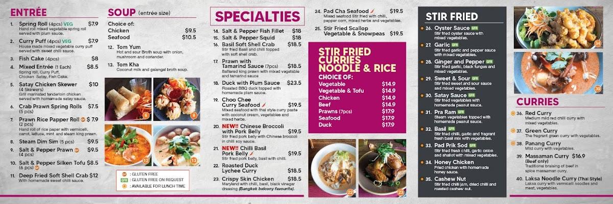 Menu at Bangkok Balcony restaurant, West Wollongong