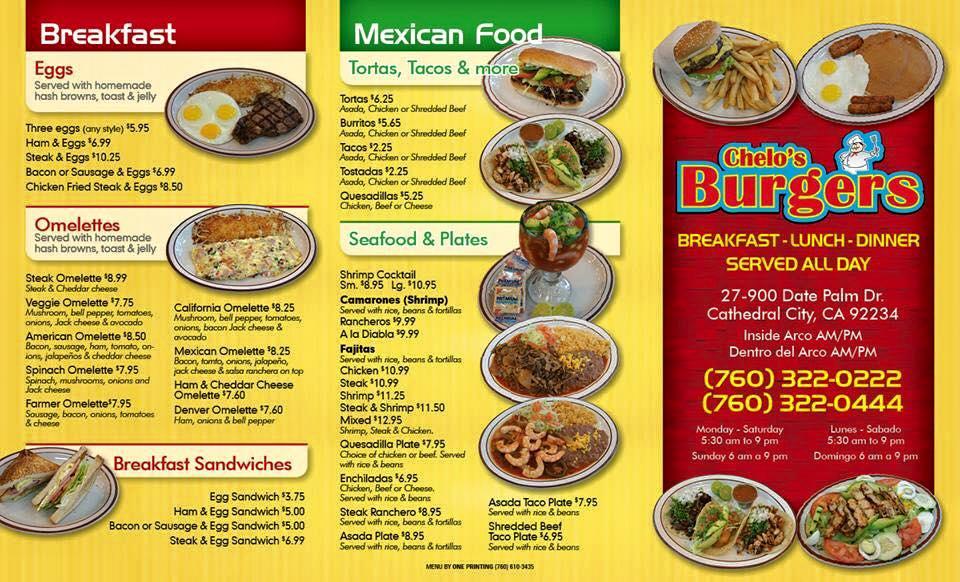 Carta del restaurante Chelo's Burgers, Cathedral City
