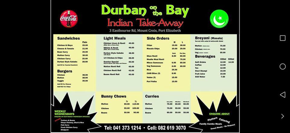 Menu at Durban on the bay restaurant, Port Elizabeth, 3 Eastbourne Rd