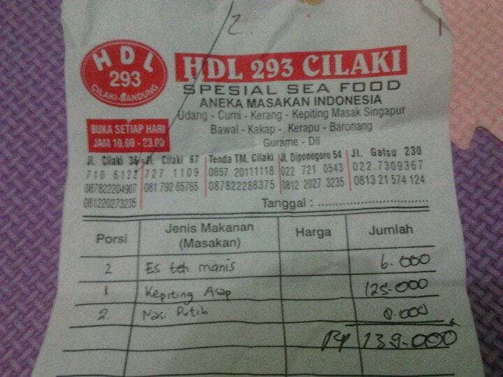 Menu at HDL 293 Seafood restaurant, Bandung, Jl. Gatot Subroto No.230