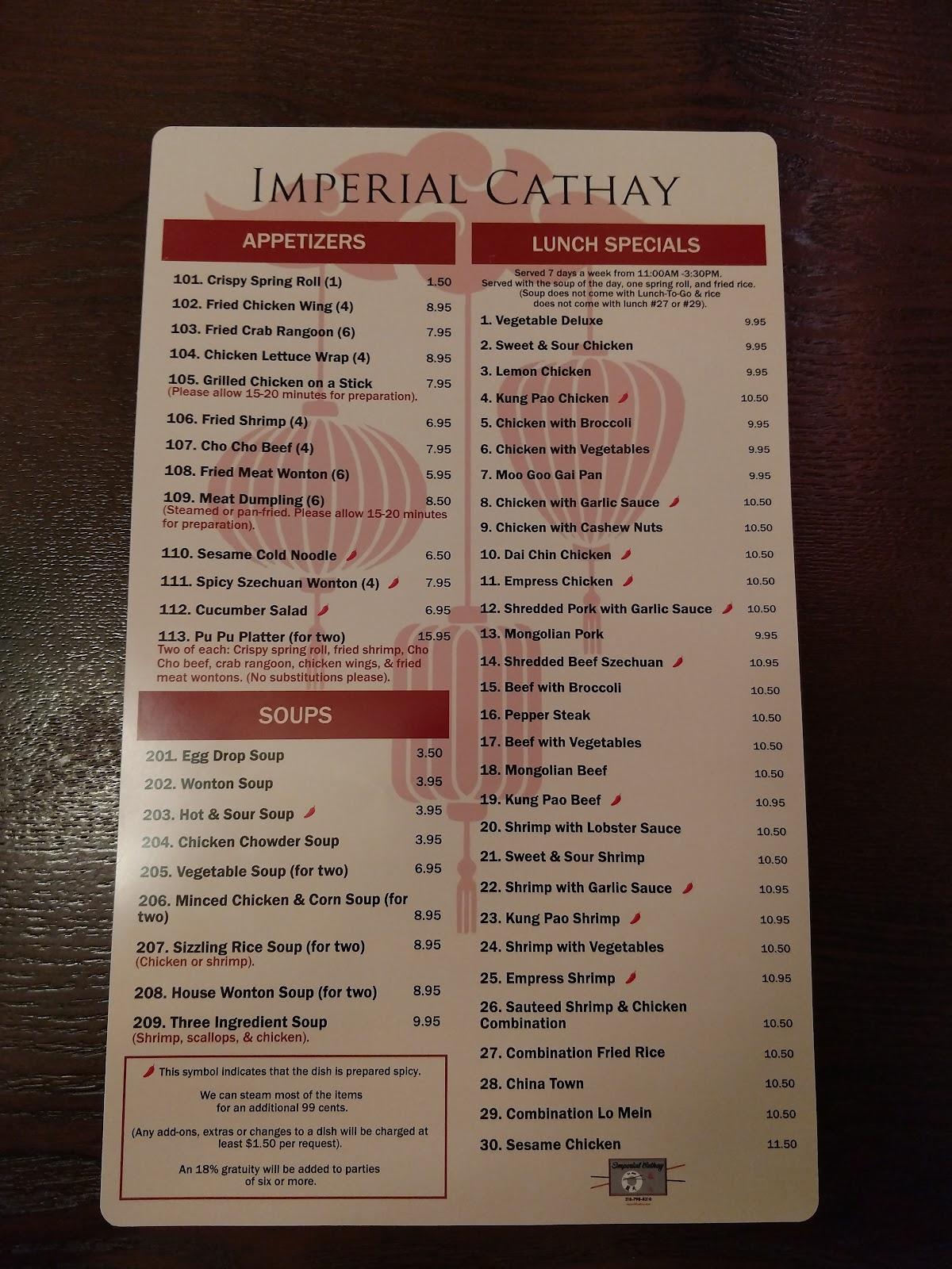 Menu at Imperial Cathay restaurant, Shreveport