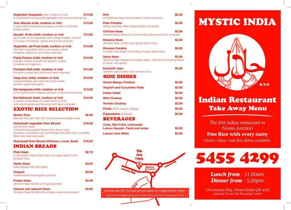 Menu at Mystic India restaurant, Noosa Heads