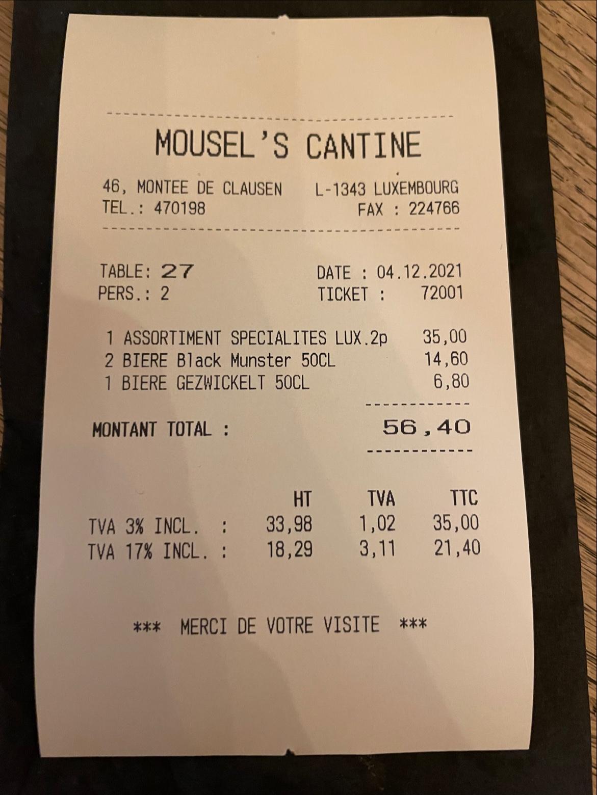 Menu at Restaurant Mousel's Cantine Sàrl, Luxembourg City
