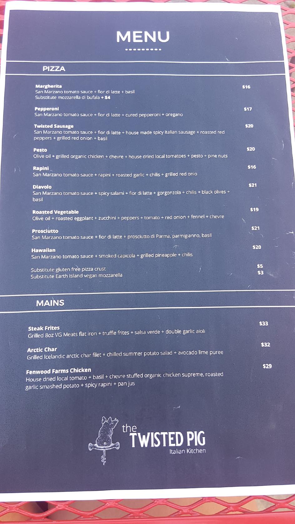 Menu at The Twisted Pig Italian Kitchen restaurant, St. Catharines