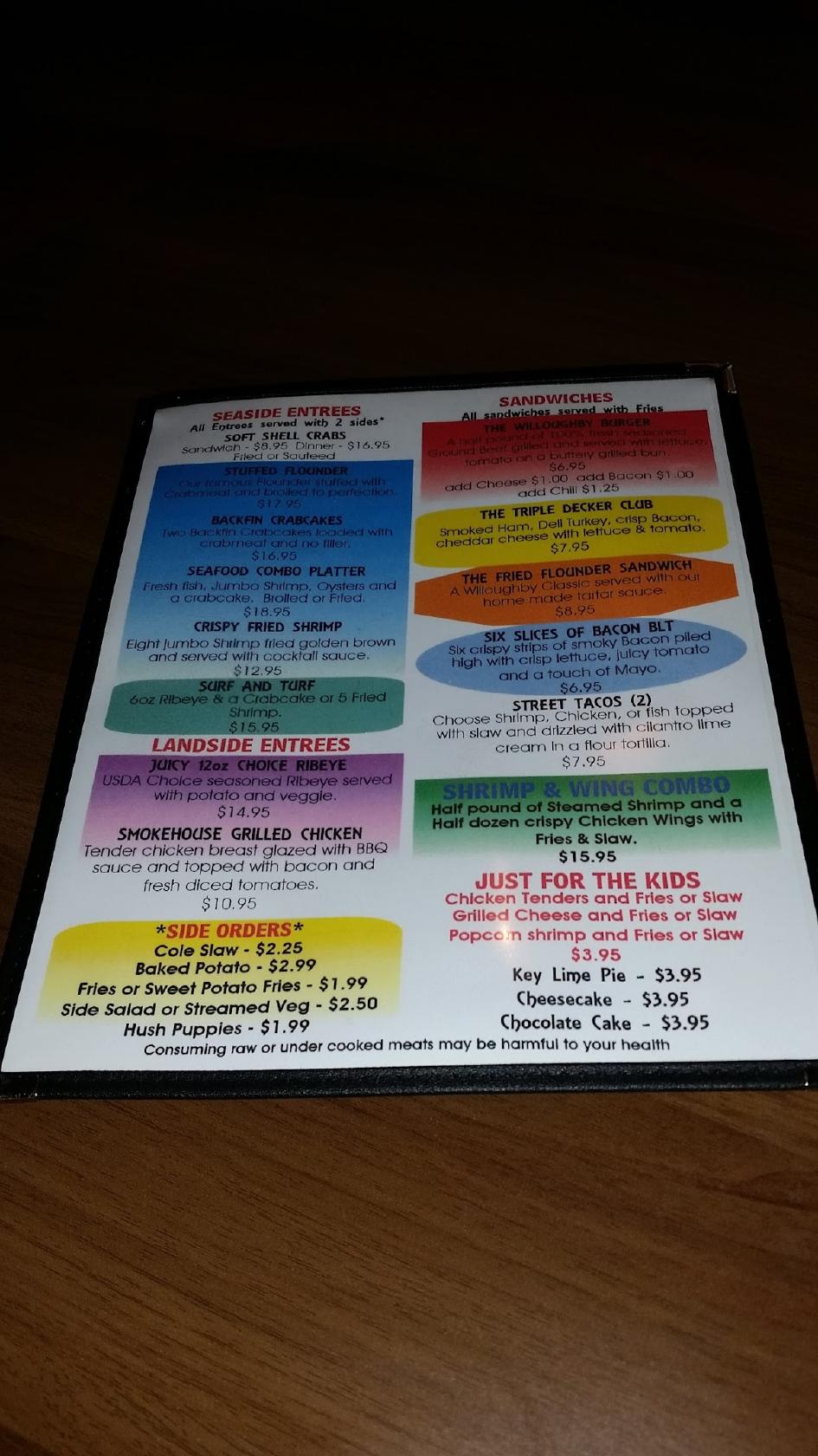 Menu at Willoughby By The Bay restaurant, Norfolk