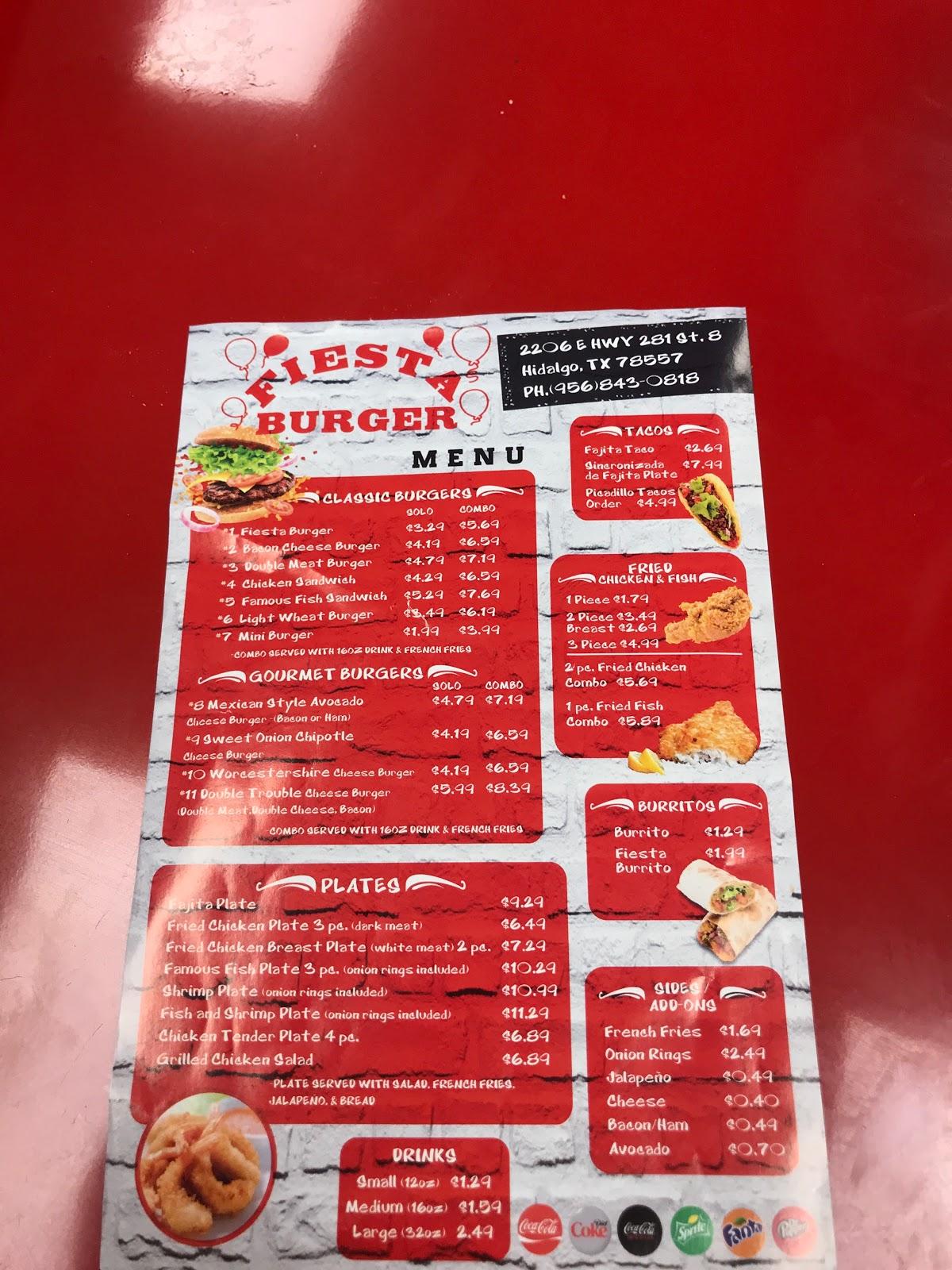 Menu at Fiesta Burger restaurant, Hidalgo