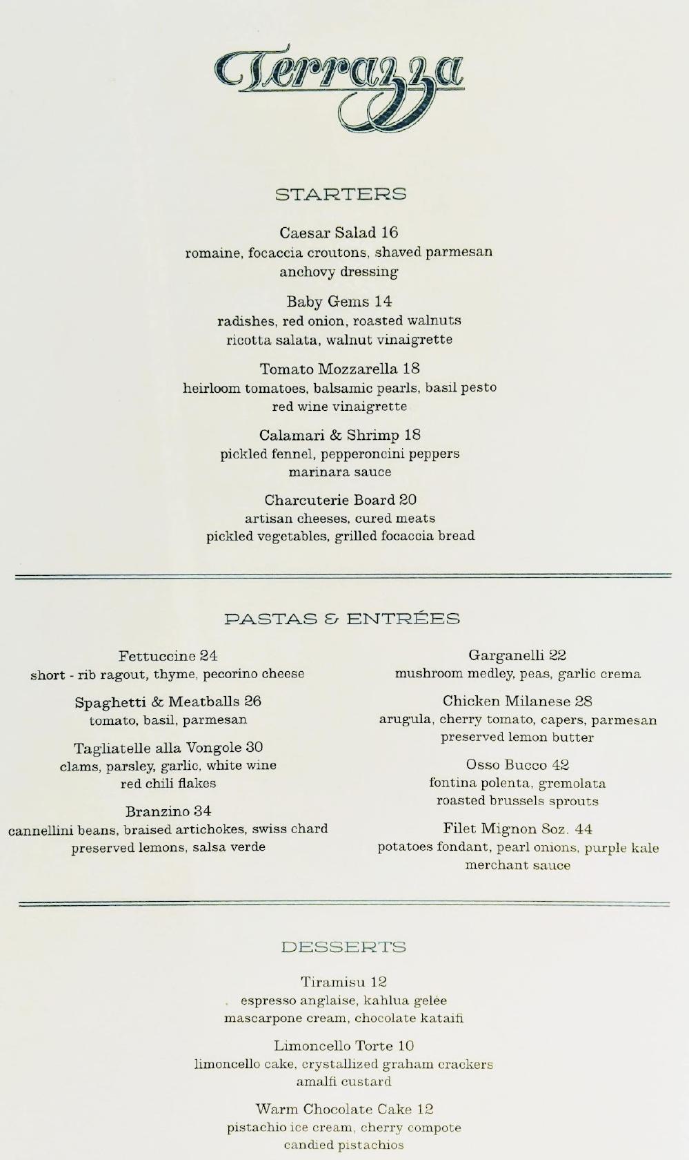 Menu at TERRAZZA restaurant, Naples