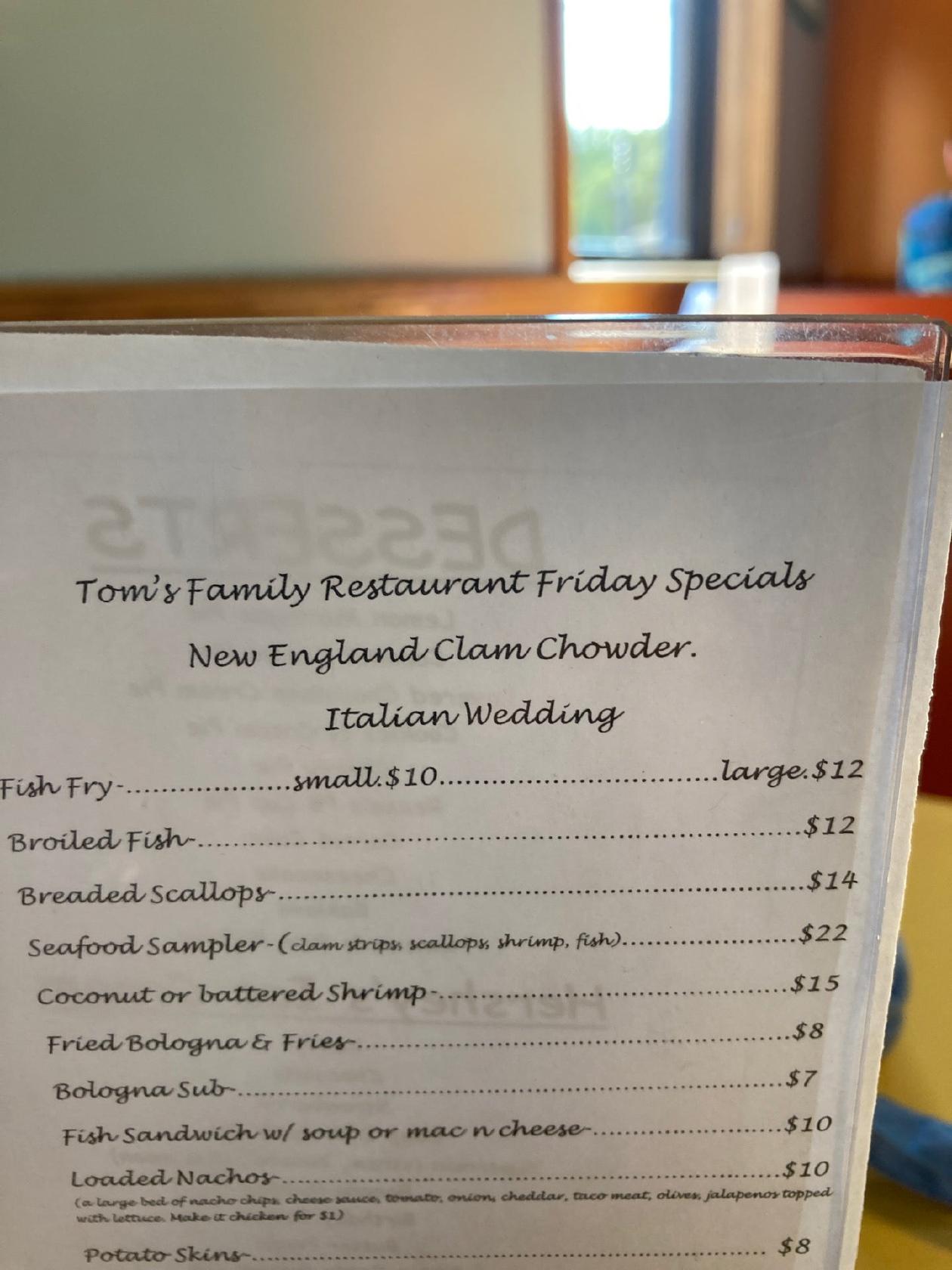 Menu at Tom's Family Restaurant, Irving, 935 Allegany Rd