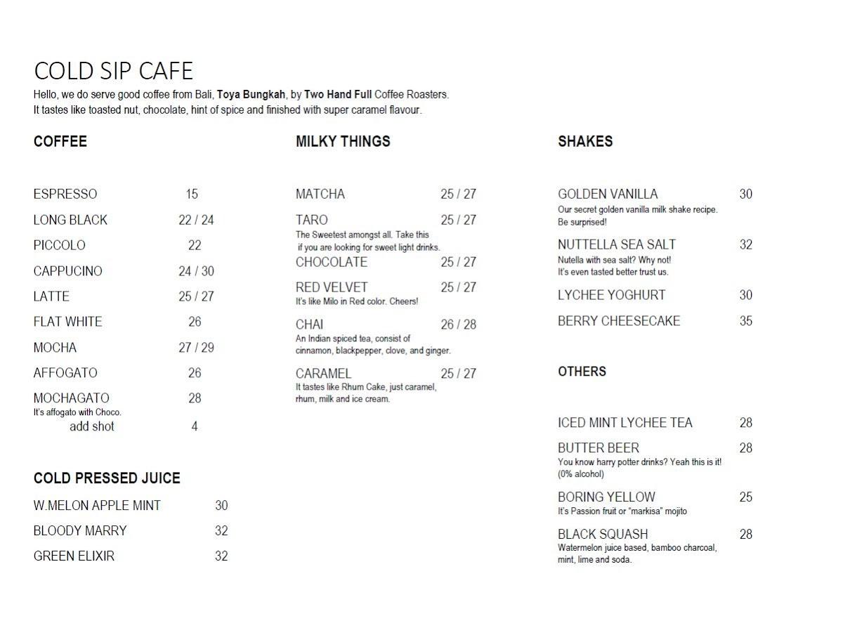 Menu at COLD SIP Creative Bar, Bandung, Jl. Bihbul Raya I No.110