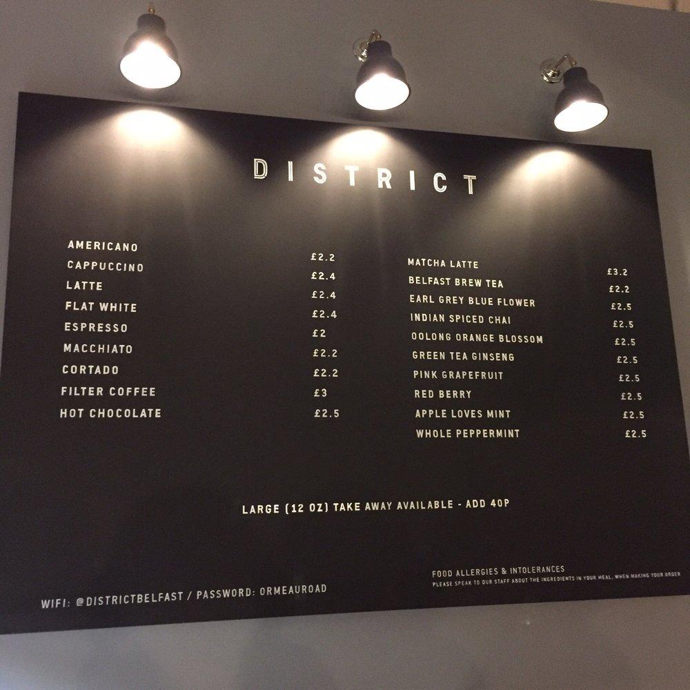 Menu at District cafe, Belfast, 300 Ormeau Rd