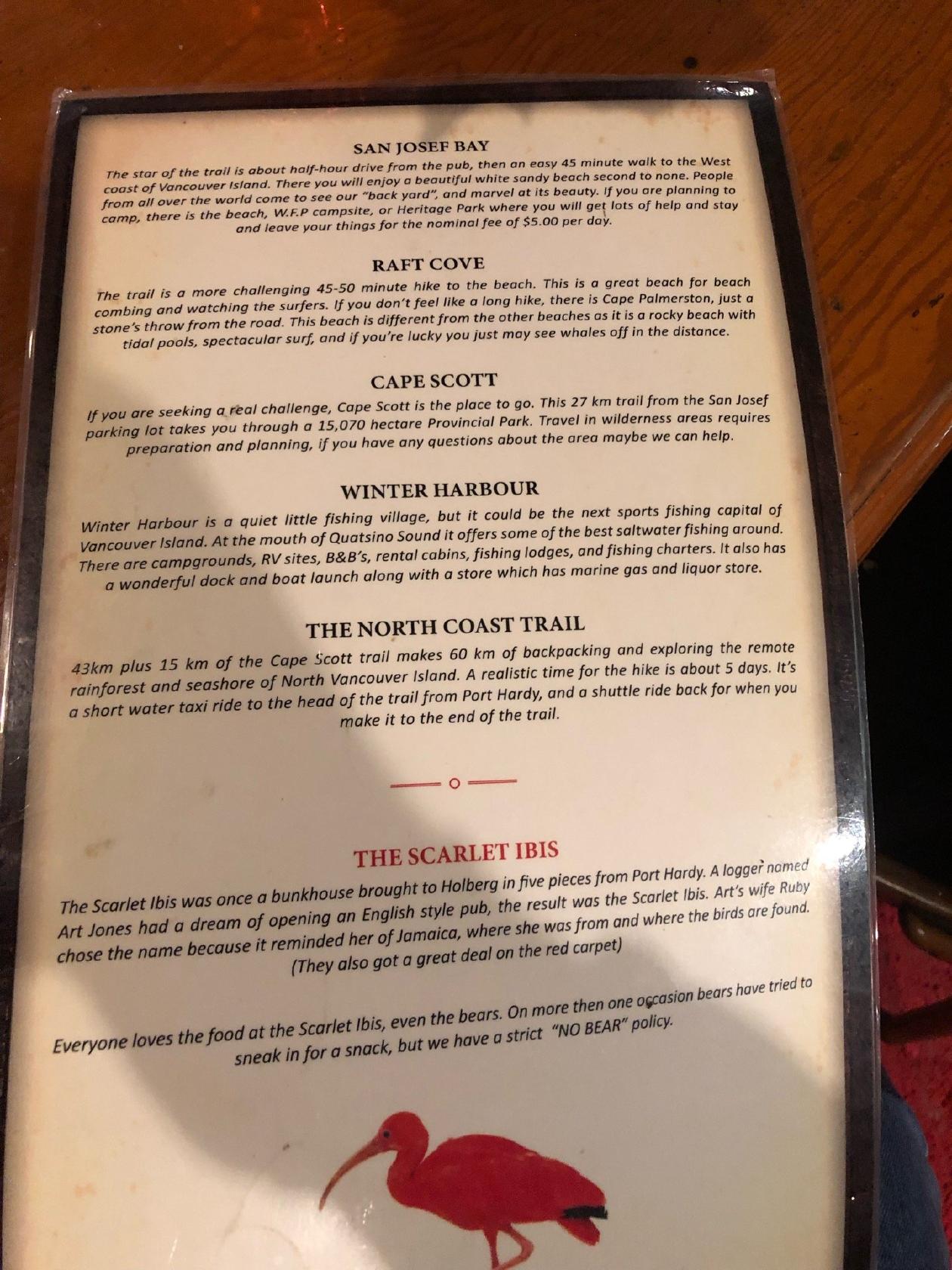 Menu at Scarlet Ibis Pub & Adventure Huts Rental, Holberg, E Hardy Way