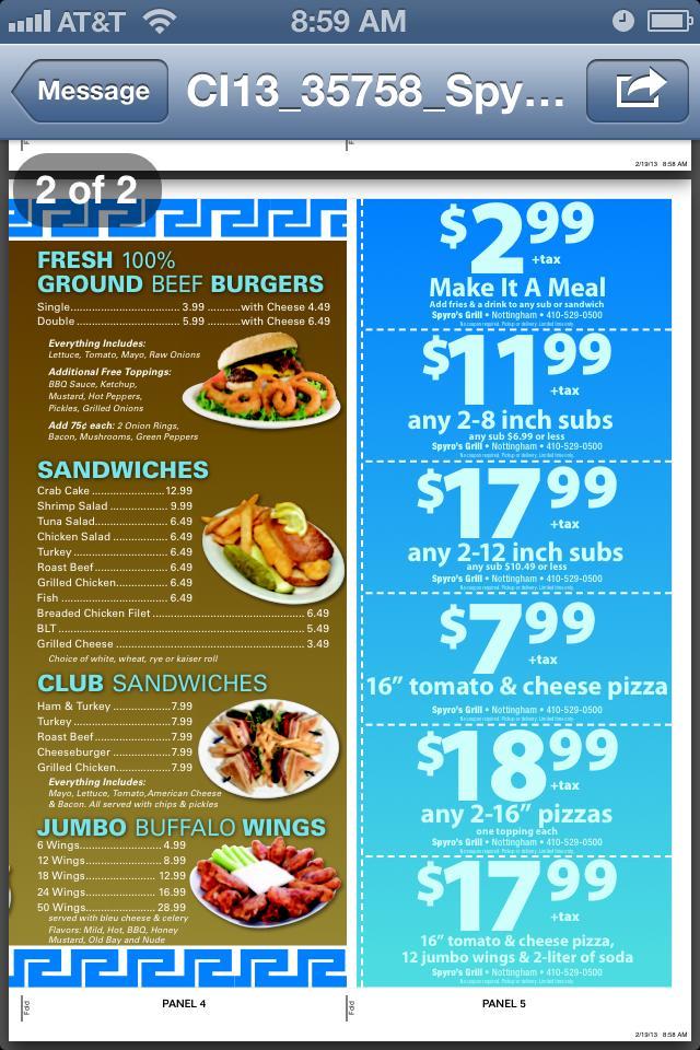 Menu at Spyro's Grill pizzeria, Overlea, Belair Rd