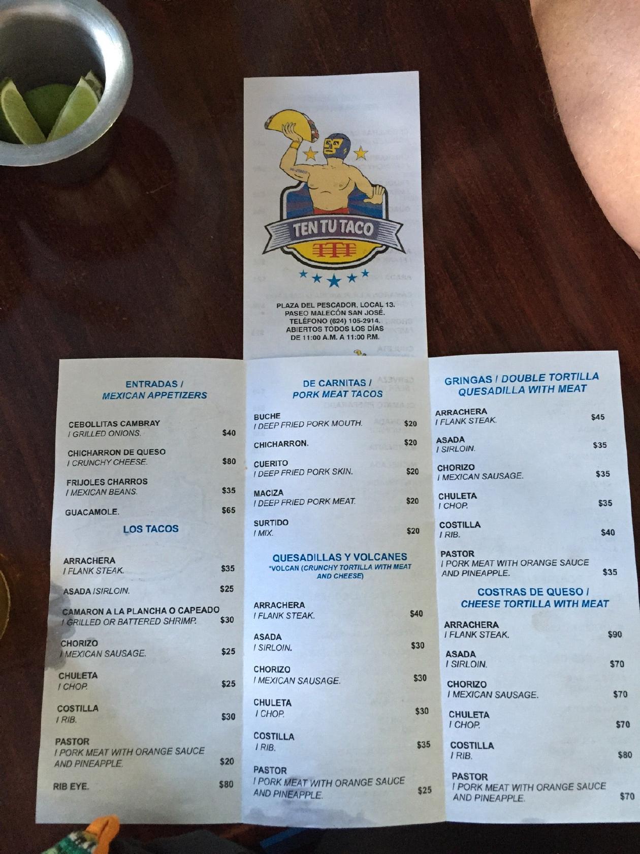 Menu at Ten Tu Taco restaurant, San José del Cabo
