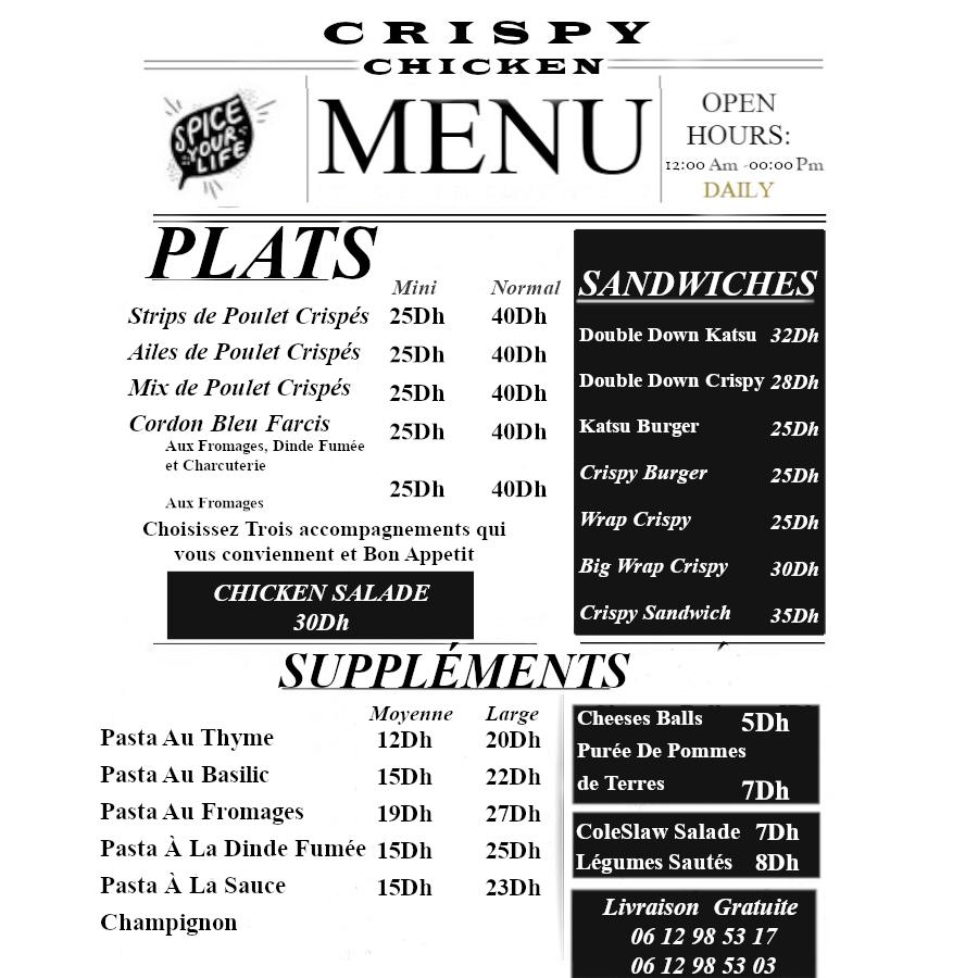 Menu at Crispy Chicken restaurant, Fes