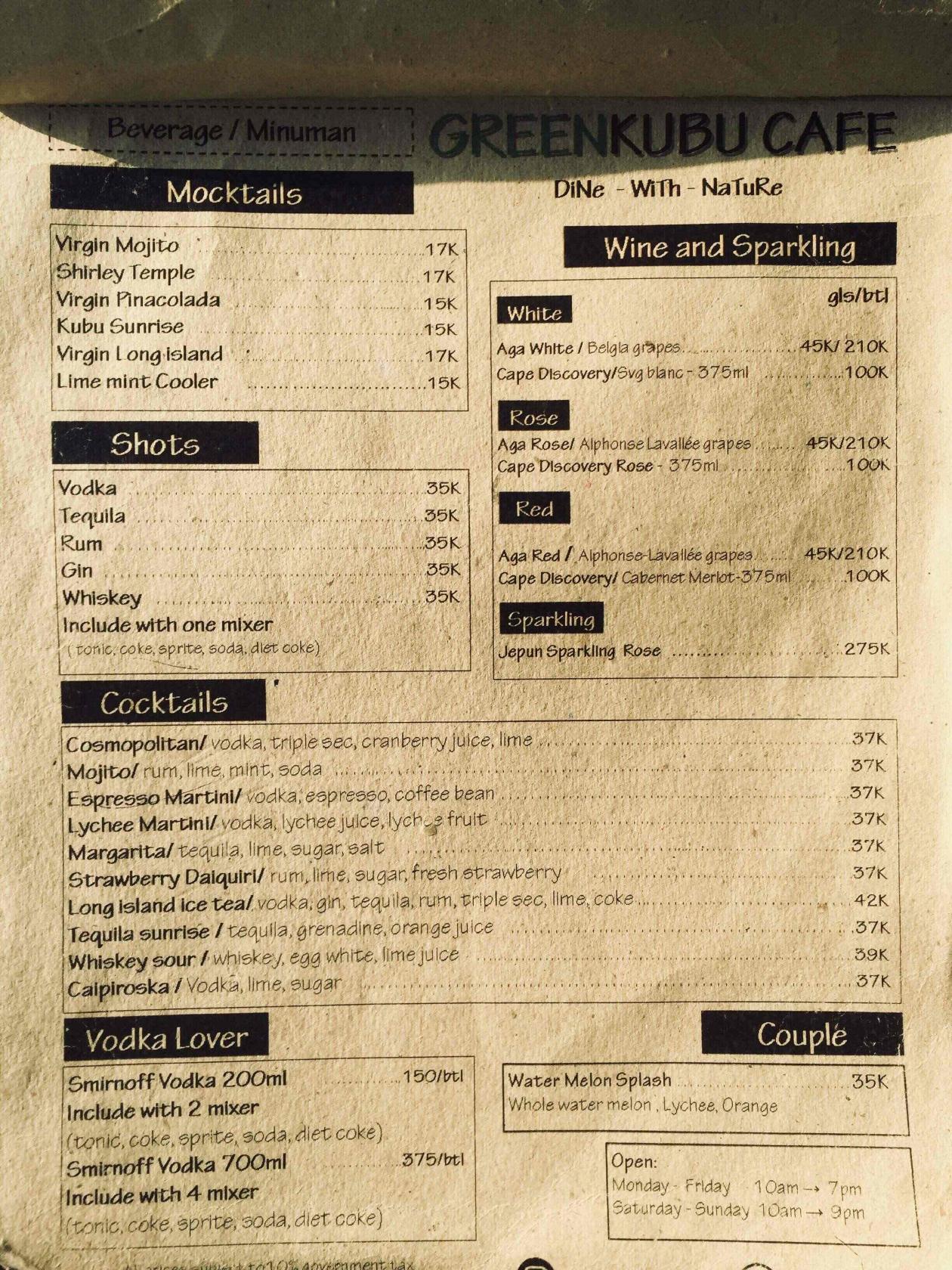 Menu at Green Kubu Cafe, Tegalalang