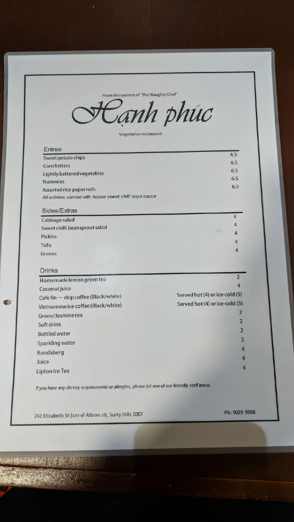 Menu at Hạnh Phúc Vegan restaurant, Surry Hills