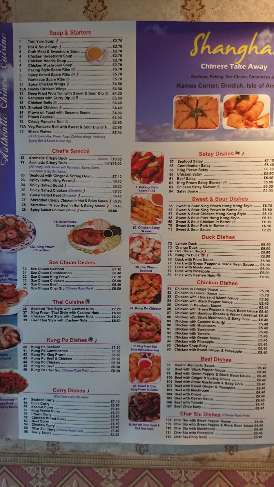 Menu at Shanghai Chinese Takeaway fast food, Brodick