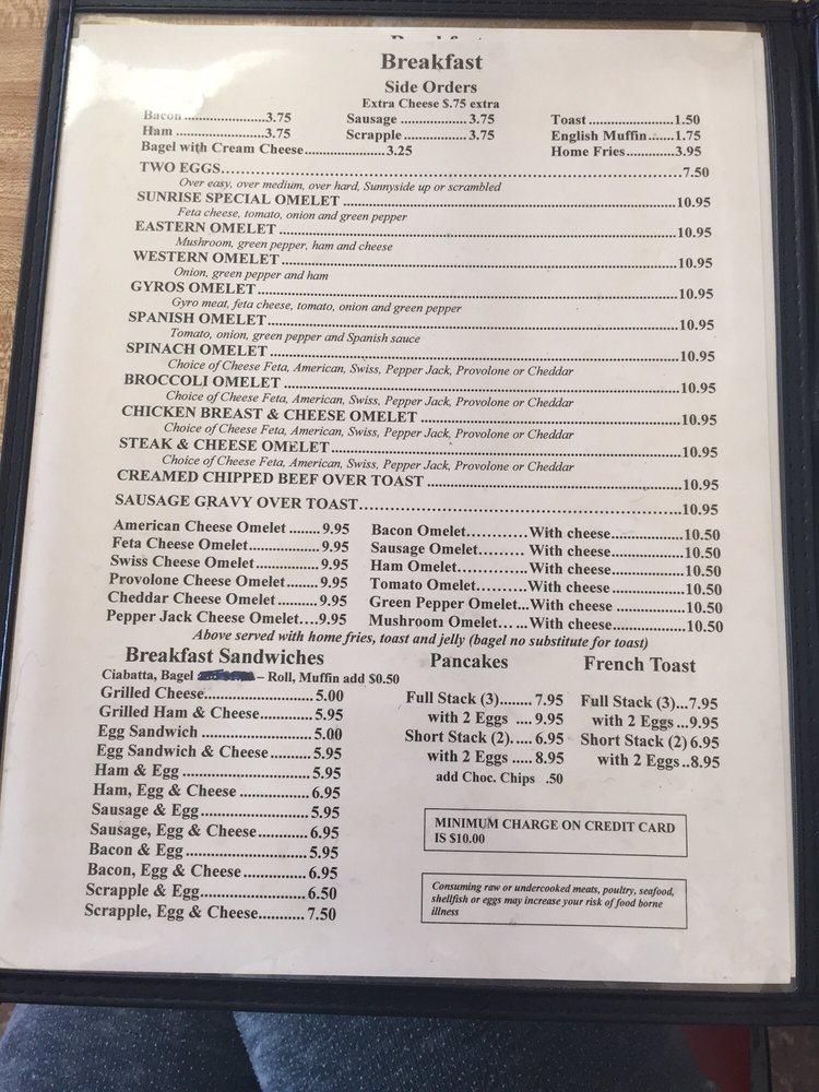 Menu at Sunrise Restaurant, Dewey Beach