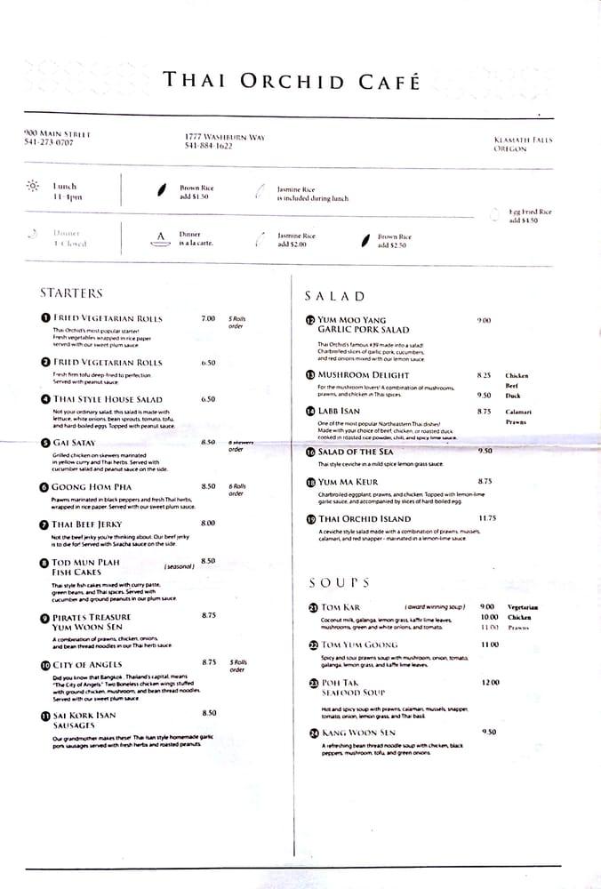 Menu at Thai Orchid Cafe - Main Street, Klamath Falls