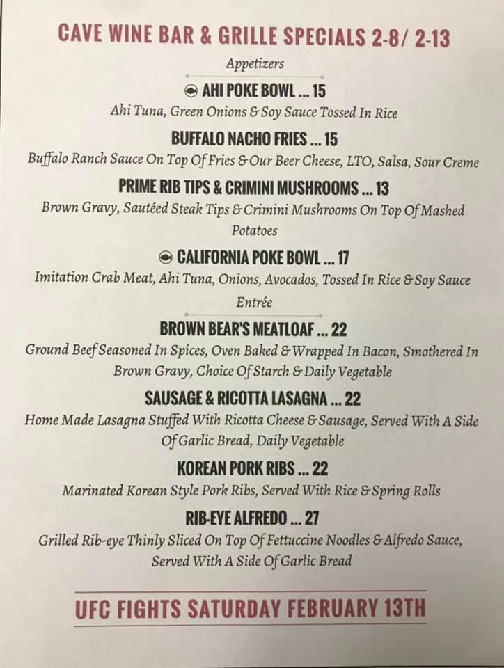 Menu at The Cave steakhouse, Delta Junction