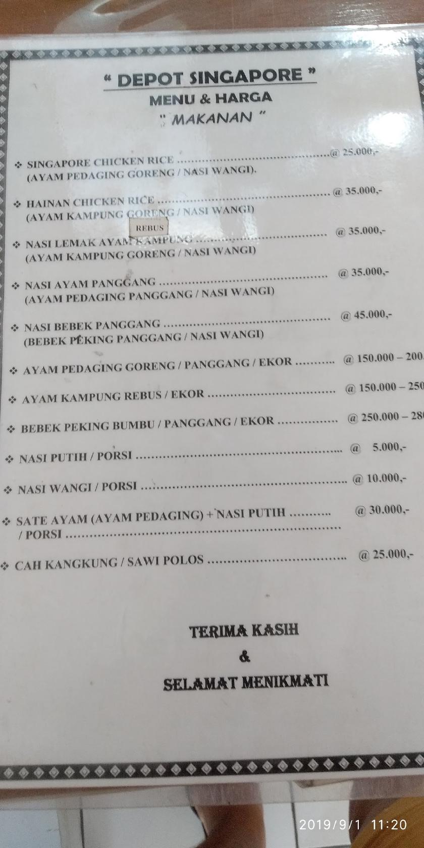 Menu at Depot Singapore restaurant, Tarakan
