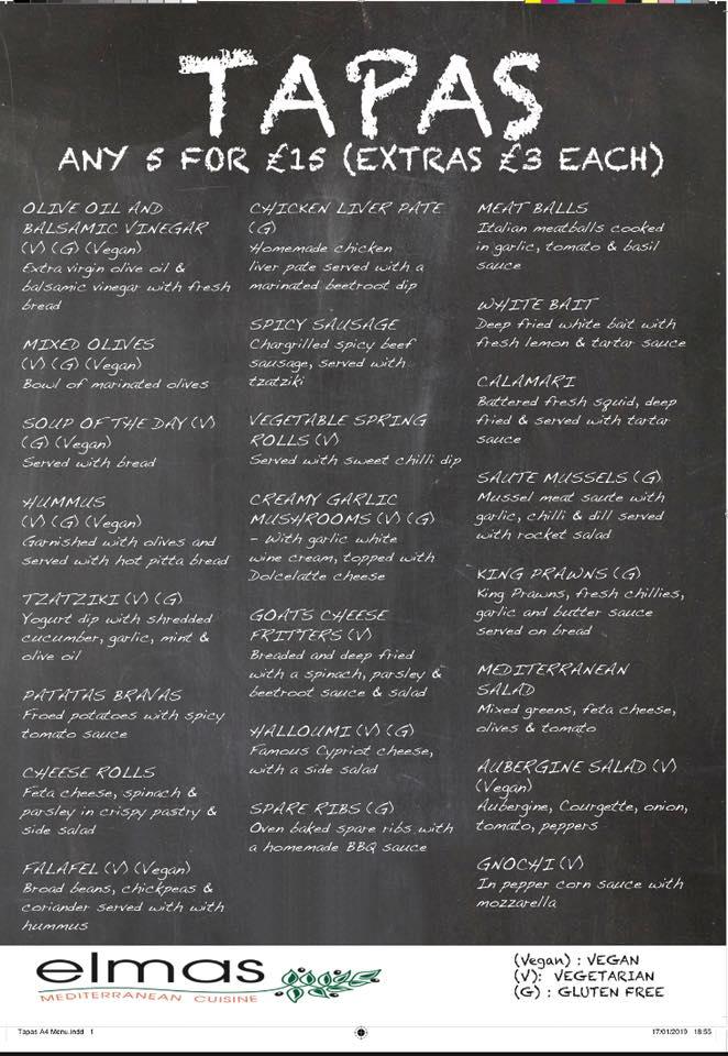 Menu at Elmas restaurant, Lymm