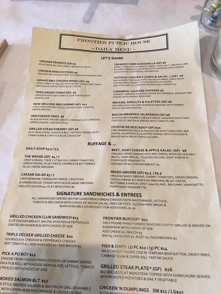 Menu at Frontier Public House, Vancouver