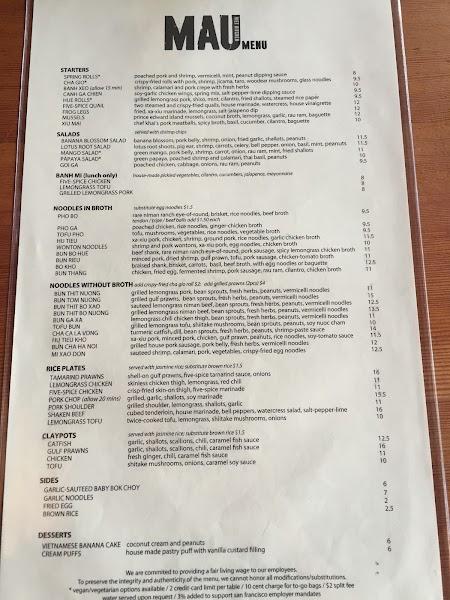 Carta de Mau Restaurant, San Francisco, 180 Spear St