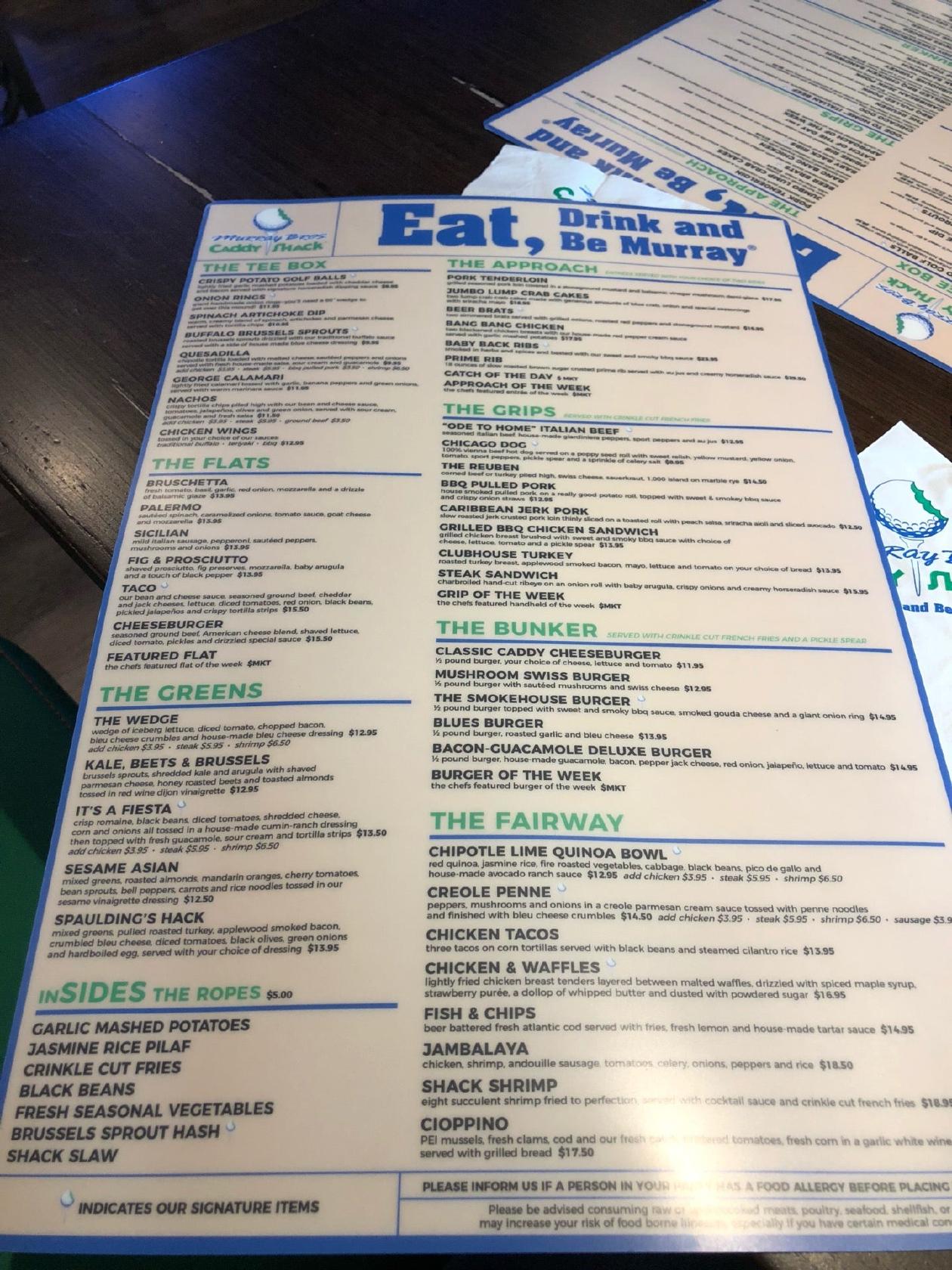 Menu at Murray Bros. Caddyshack pub & bar, Rosemont, Balmoral Ave