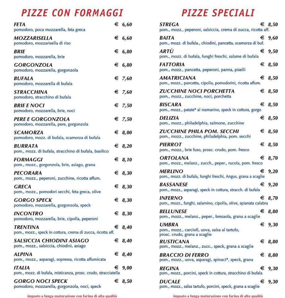 Menu da Pizzeria da Michele, Cornuda